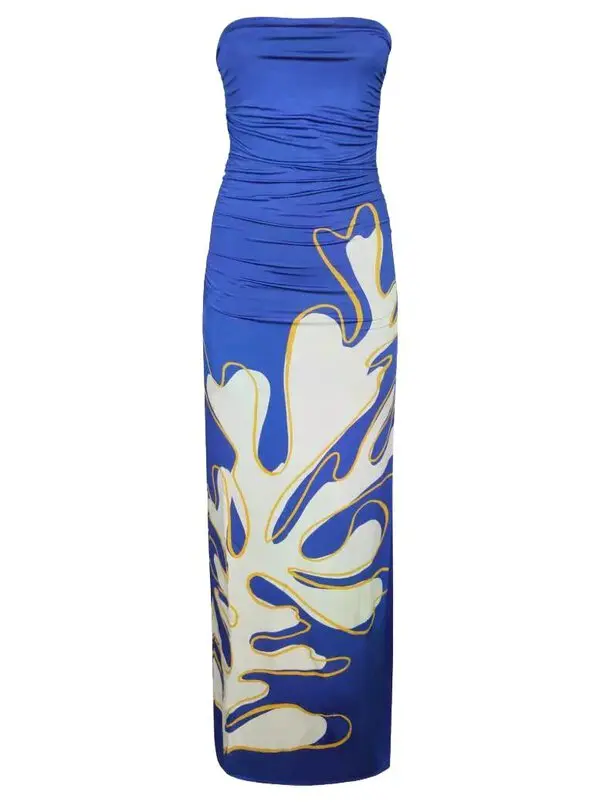 CALA DE LA CRUZ Daphne Ruched Coral-print Strapless Dress - Blue