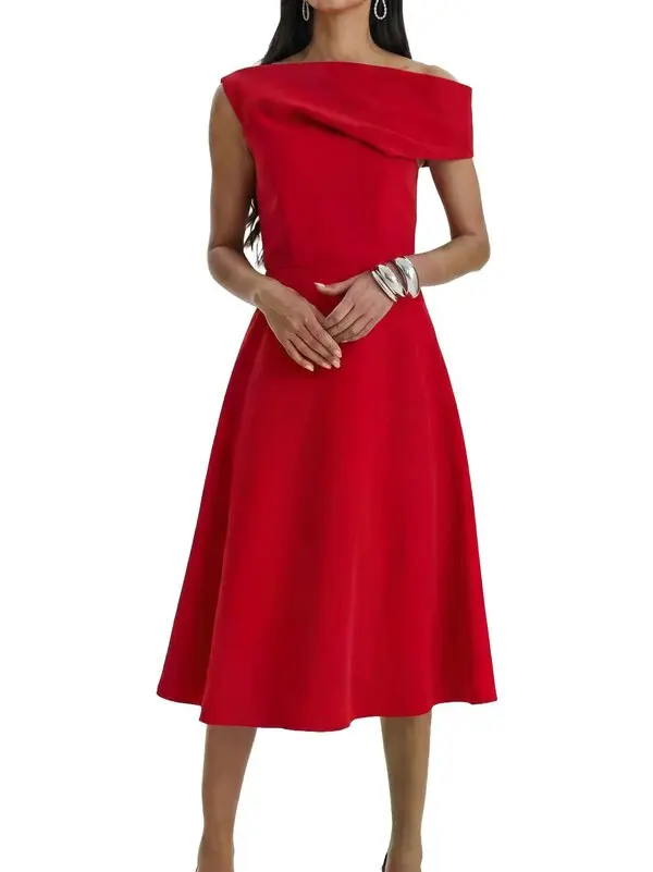 MOOS STUDIO Off-shoulder A-line Midi Dress - Red