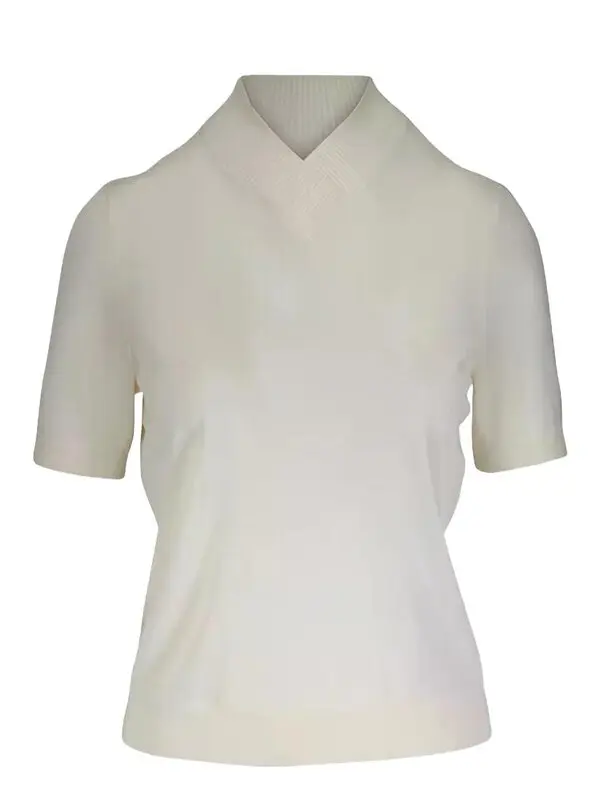 Lela Rose Crossover Neck Short-sleeve Sweater - Neutrals