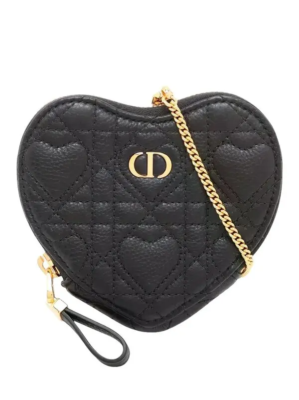Dior Dioramour Calfskin Cannage Caro Heart Pouch With Chain - Black