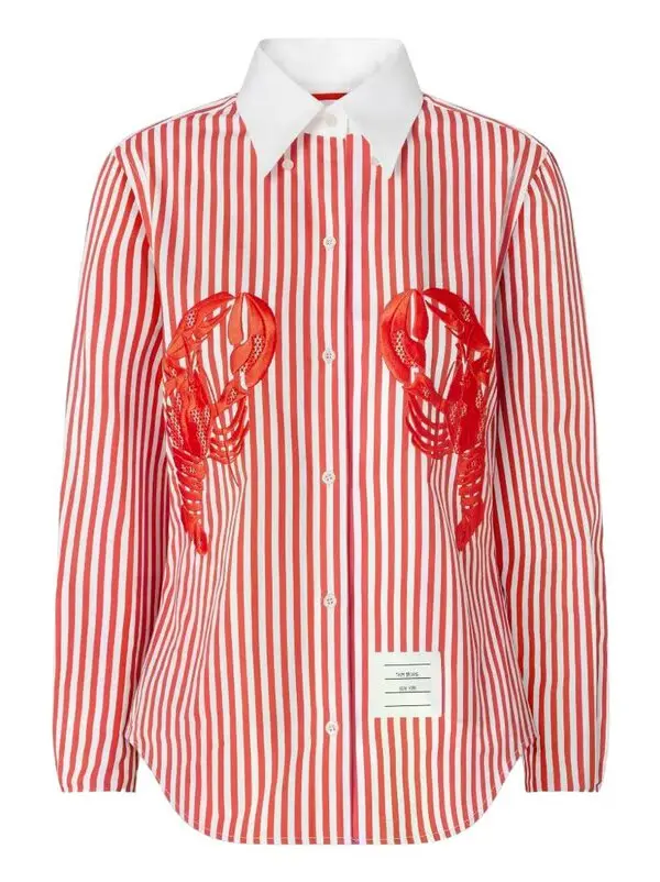 Thom Browne University Stripe Lobster Appliqué Shirt - Red