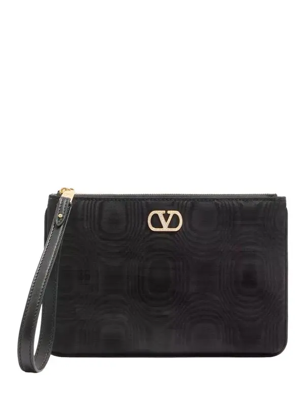 Valentino Garavani Vlogo Signature Clutch In Moiré Fabric With Jewel Logo - Black