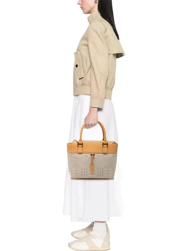 Burberry Tonal Check Canvas Handbag With Leather Trim - Brown
