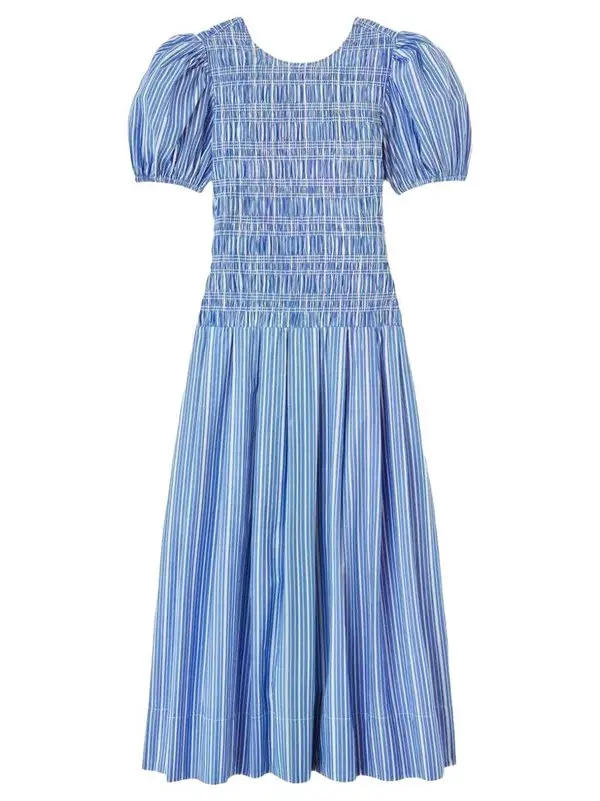 GANNI Striped Smocked-waist Dress - Blue
