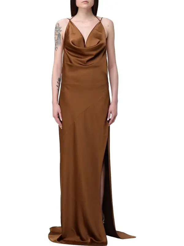 Andamane Satin Maxi Dress With V-neck And Train - Bronze