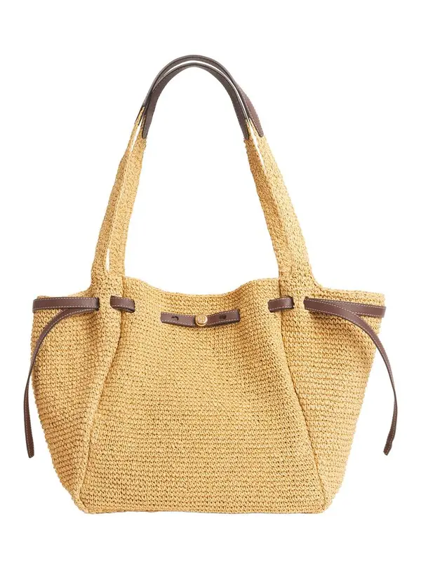 Tory Burch Raffia Leather Romy Tote Bag - Beige