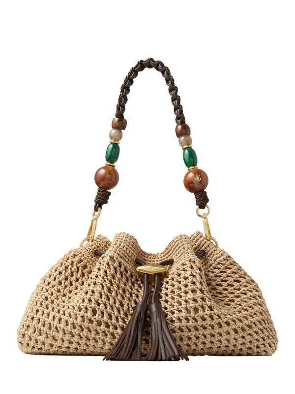 JIMMY CHOO Medium Raffia Crochet Bucket Bag With Beaded Embellishments - Beige