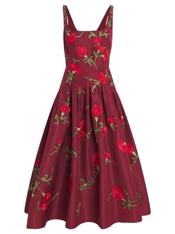 Carolina Herrera Silk Floral Embroidered Midi Dress - Red