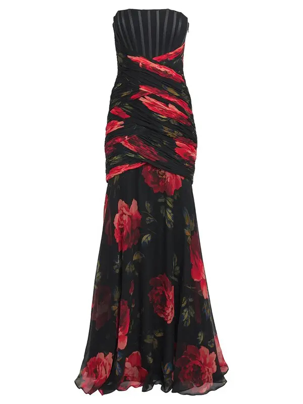 Carolina Herrera Silk Chiffon Floral Bustier Gown - Black