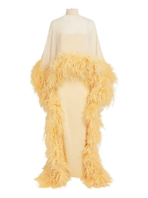 TALLER MARMO Silk Crepe Chiffon Kaftan Maxi Dress With Ostrich Feather Trim - Beige