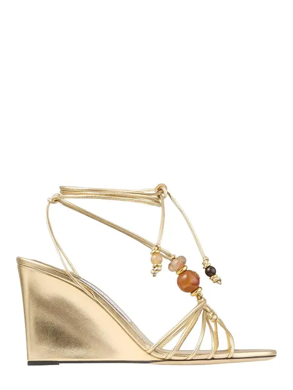 JIMMY CHOO Lova 85 Metallic Leather Wedge Sandals With Beaded Embellishments - Gold