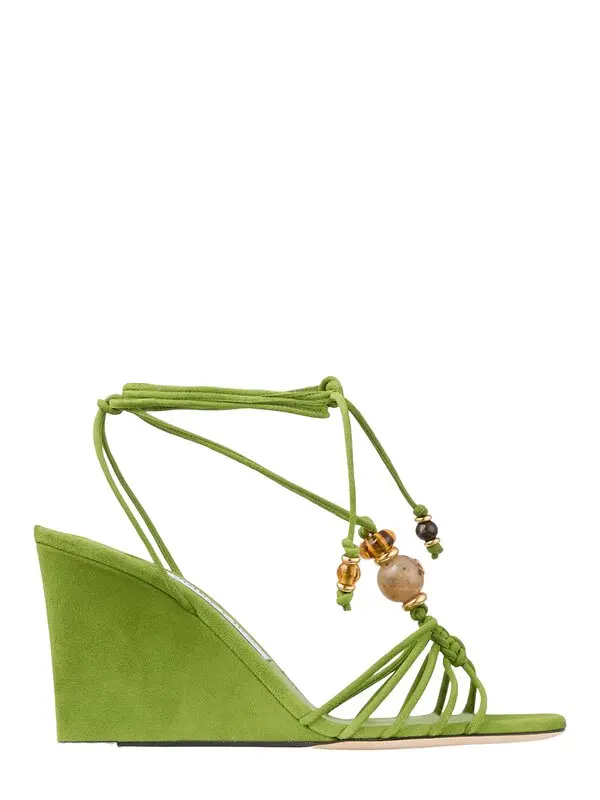JIMMY CHOO Lova 85 Suede Wedge Sandals With Beaded Detailing - Green