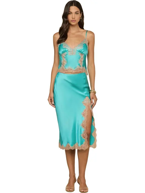 L'Agence Tico Silk Lace Midi Skirt - Cyan/cappuccino