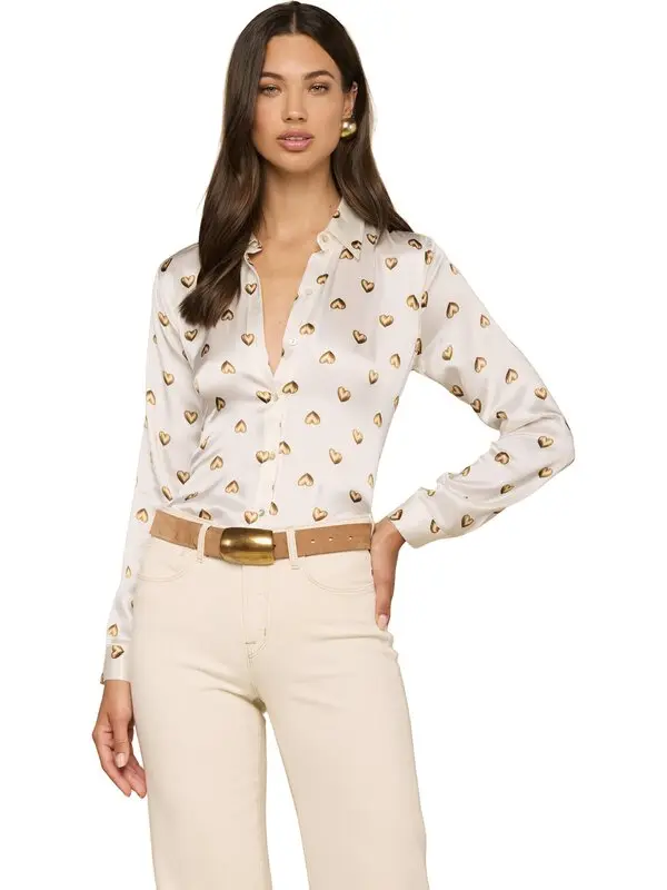 L'Agence Tyler Silk Heart Print Button-down Blouse - Vintage White/gold Heart Stud