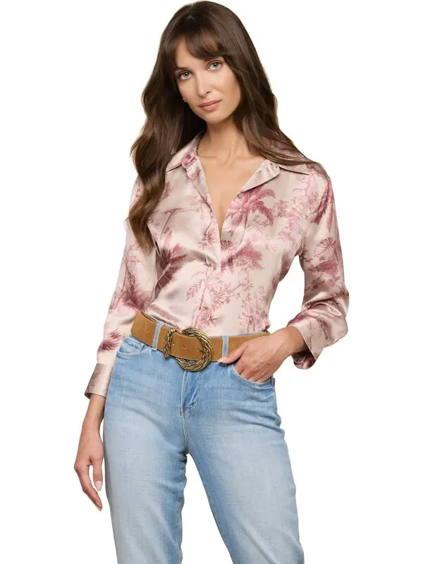 L'Agence Dani Silk Blouse Top In Jungle Toile Print - Tan Multi Textured Jungle Toile