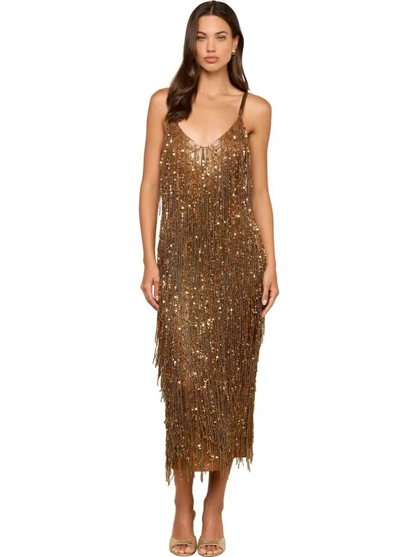 L'Agence Noella Sequin Fringe Midi Dress - Antique Gold