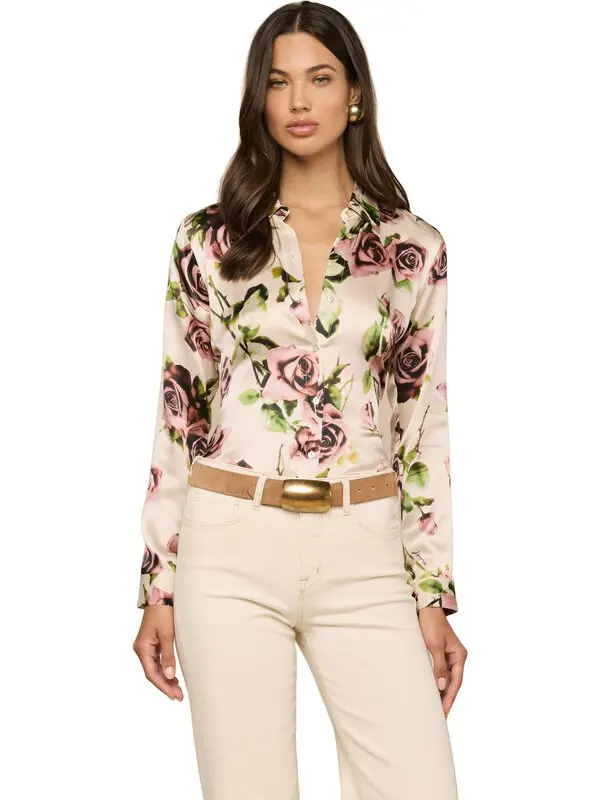 L'Agence Tyler Silk Blouse With Romantic Rose Print - Ecru/mauve Romantic Rose