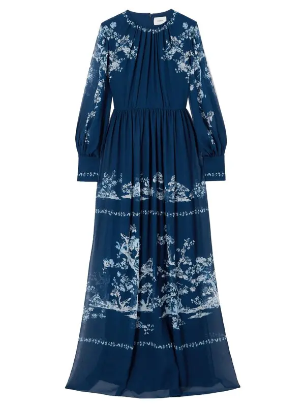 Erdem Printed Silk Tulle Maxi Dress - Navy Blue