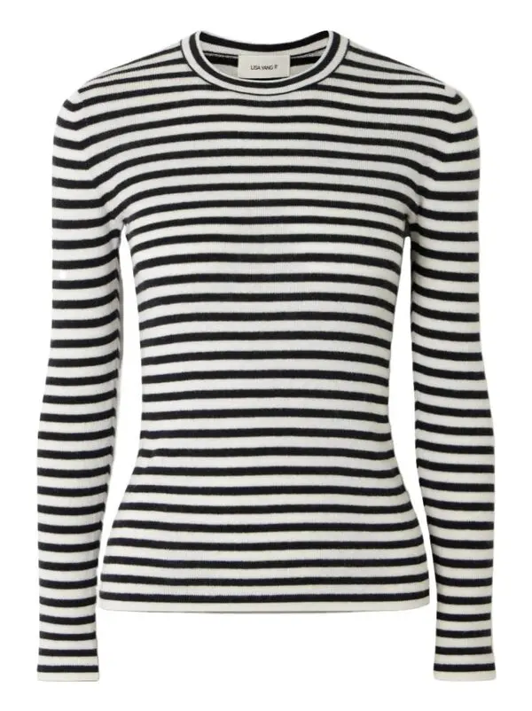 LISA YANG Vivian Striped Ribbed Cotton And Cashmere-blend Top - Black