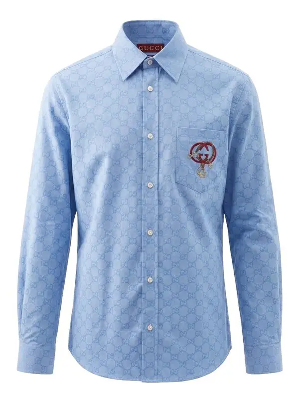 Gucci Gg Oxford Cotton Shirt With Embroidery - Light Blue