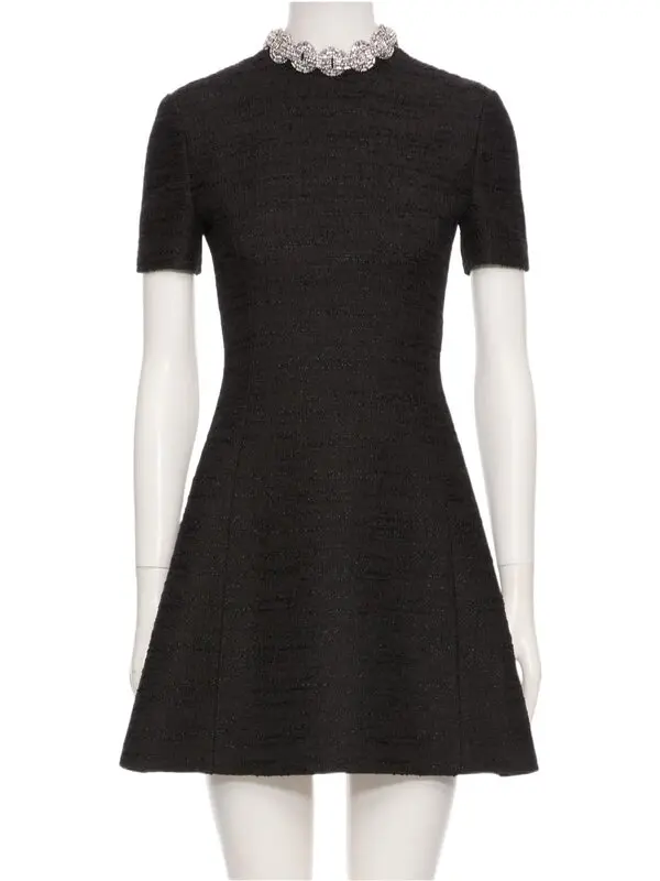 Valentino Garavani Short Sleeve Embroidered Tweed Dress - Black