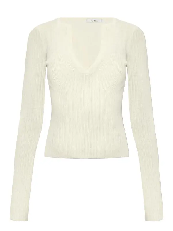 Max Mara V-neck Ribbed-knit Long-sleeve Top With Stripe Detail - White
