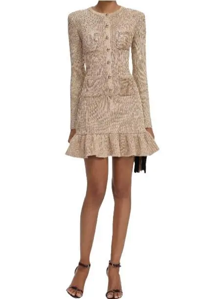 SELF-PORTRAIT Ribbed Button-front Mini Dress With Removable Shoulder Pads - Golden