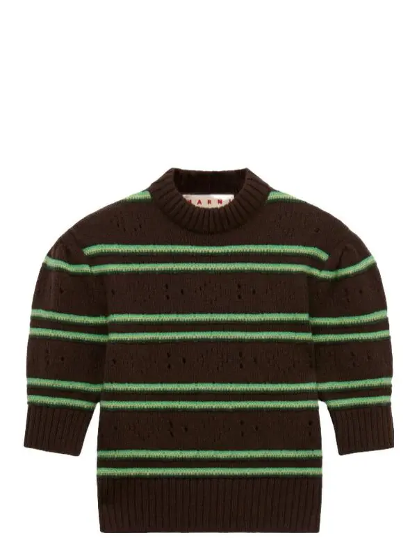 Marni Short-sleeved Openwork Knit Sweater With Horizontal Stripes - Brown