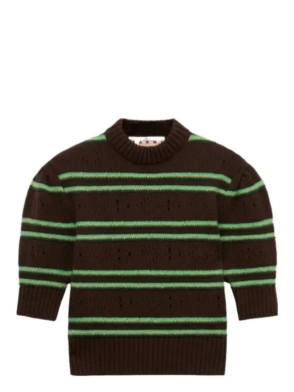Marni Short-sleeved Openwork Knit Sweater With Horizontal Stripes - Brown