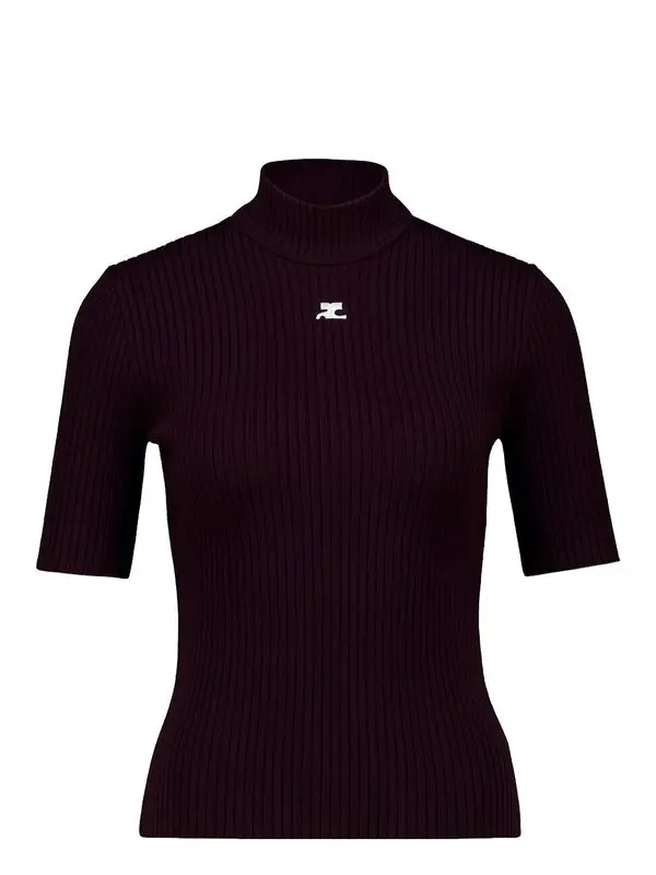 COURREGES Rib Knit High Neck Short Sleeve Sweater - Burgundy