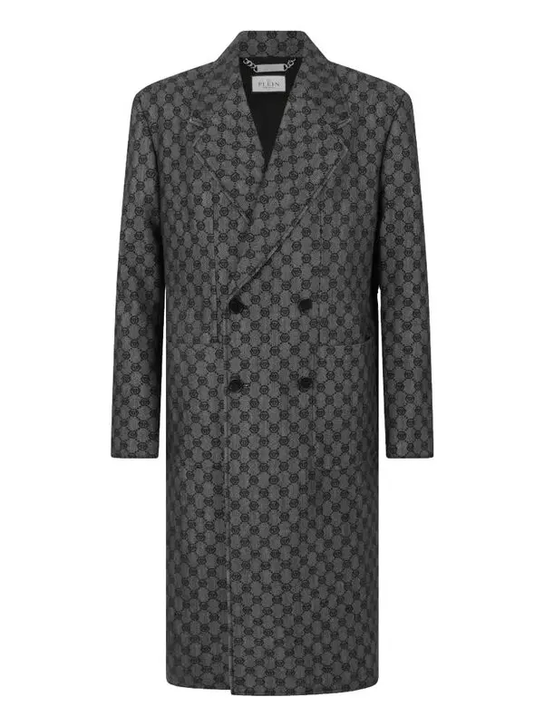 Philipp Plein Monogram Jacquard Double-breasted Coat - Grey