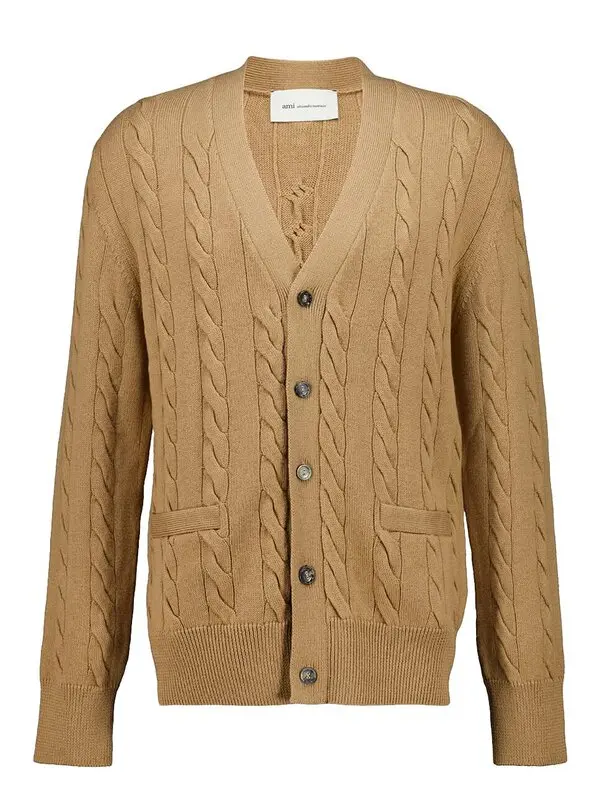 AMI Paris Camel Cable Stitch V-neck Cardigan - Brown