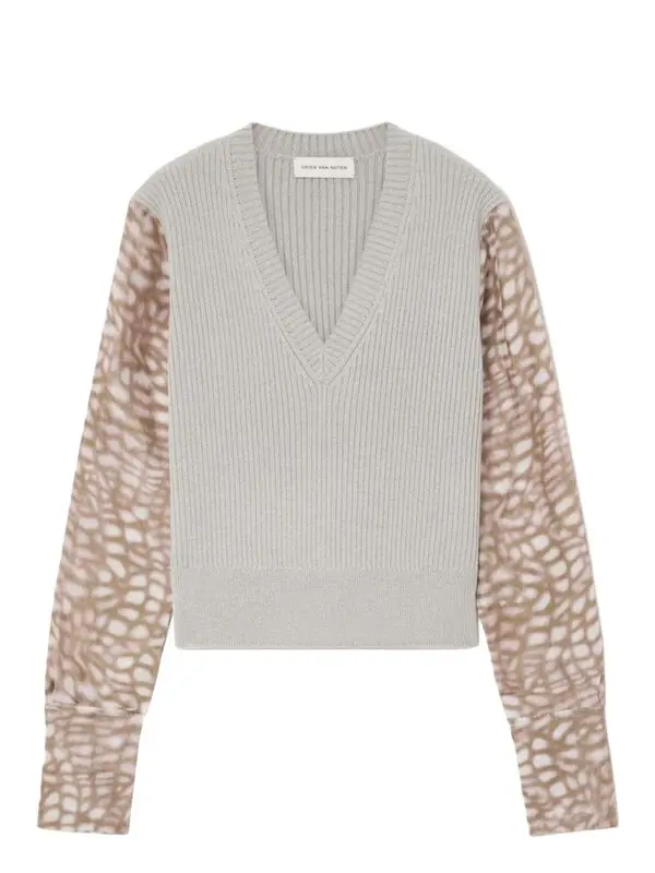 Dries Van Noten Ribbed-knit And Printed Satin Sweater - Light Gray