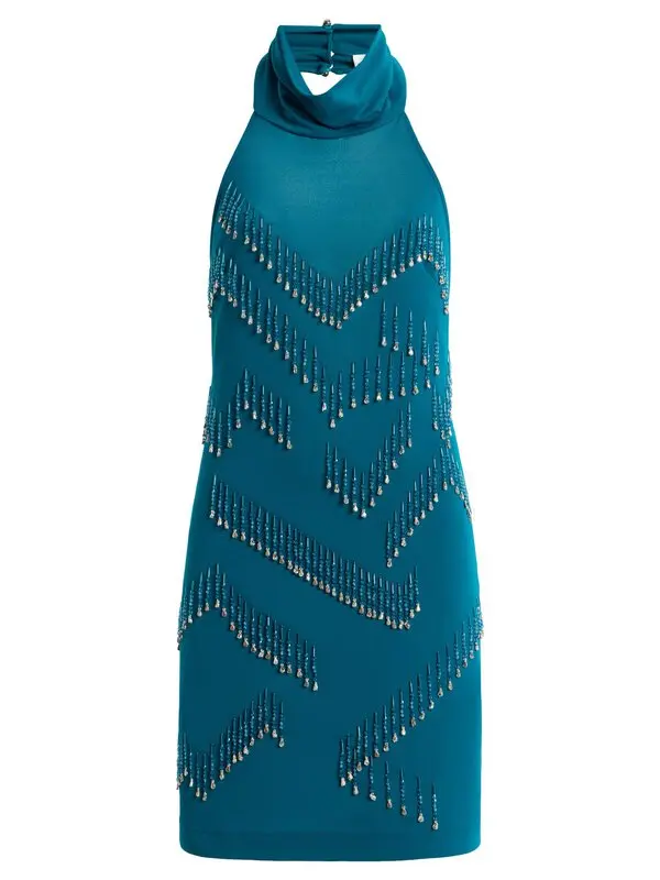 DES_PHEMMES Backless Mini Tube Dress With Beaded Fringe - Blue