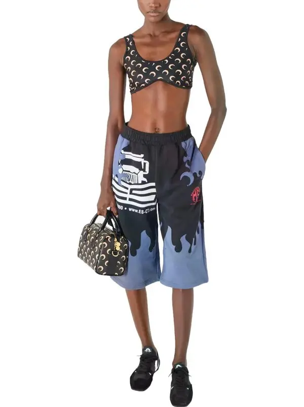 MARINE SERRE Patchwork Jersey Shorts With Graphic Print - Blue