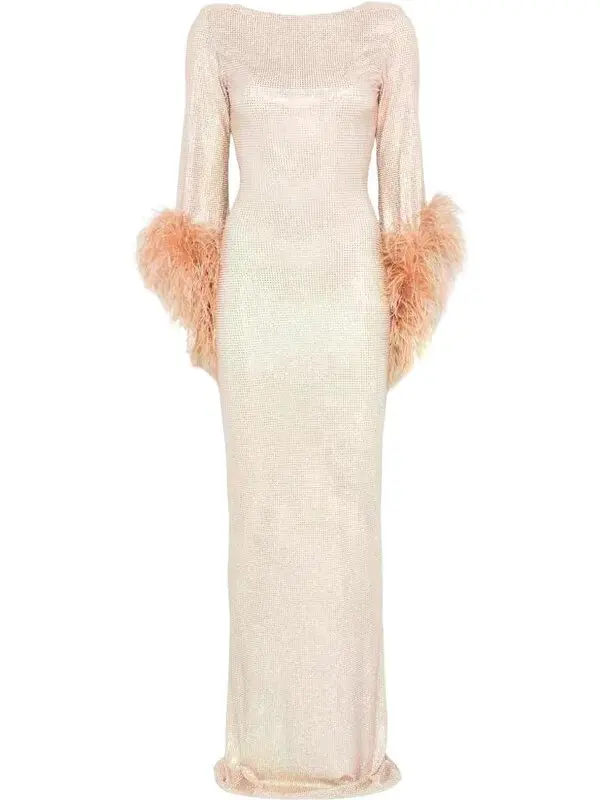 MIRON Feather-trim Crystal-embellished Dress - Neutrals