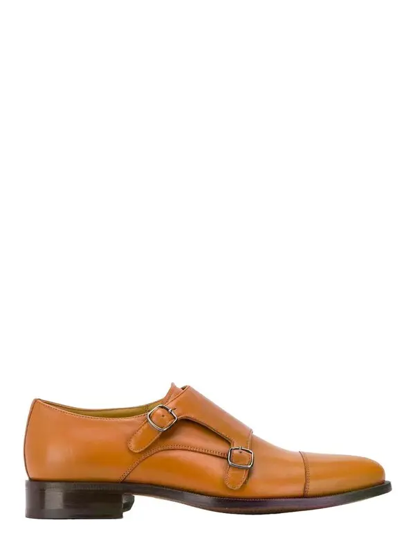 SCAROSSO Cognac Leather Monk Strap Shoes With Brogue Detailing - Brown