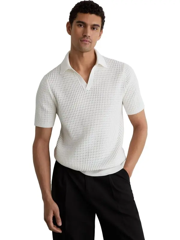 REISS Merit Micro-cable Knit Open-collar Polo - White