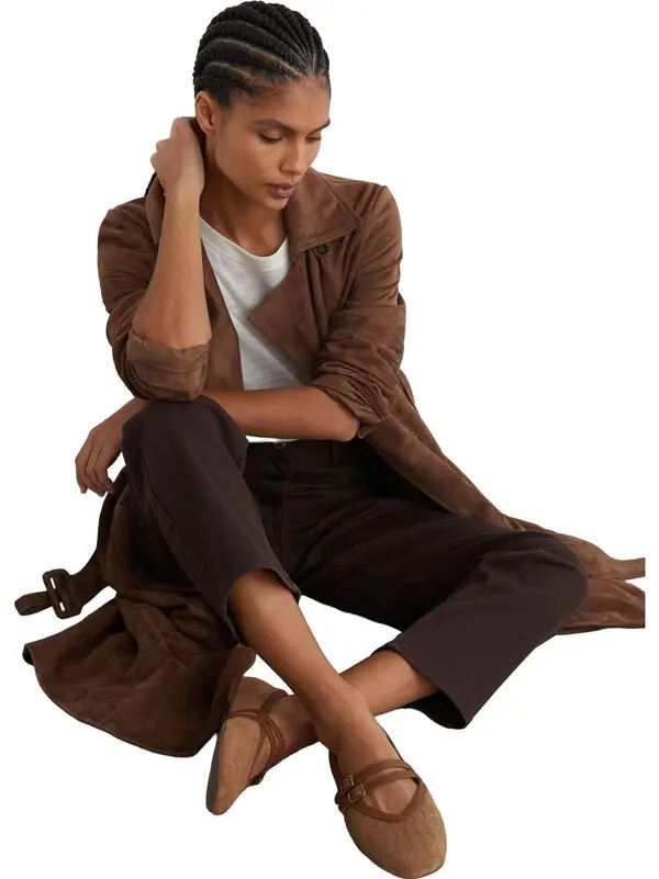 REISS Eliza Suede Croc-embossed Ballet Flats With Buckled Straps - Tan