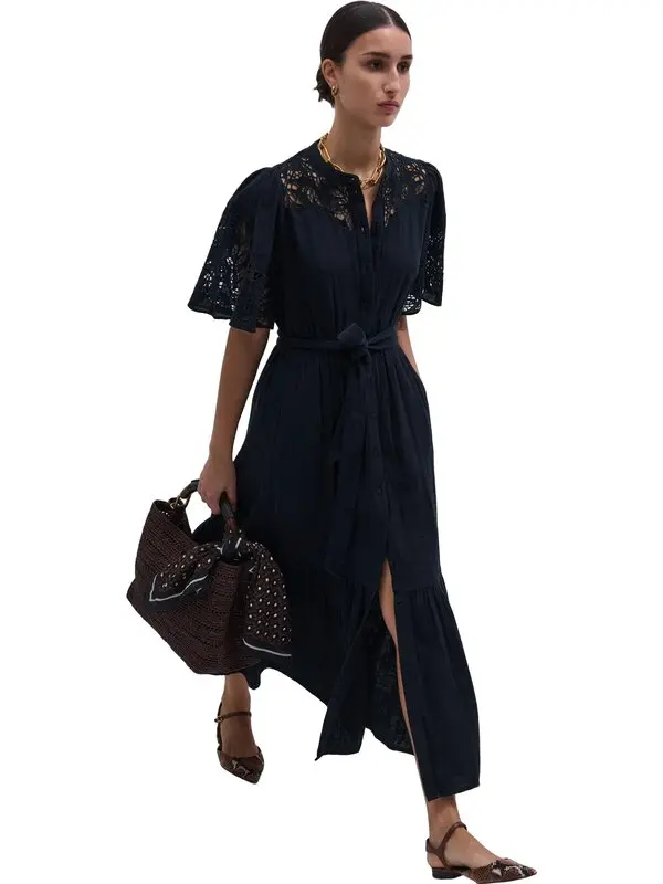 ME+EM Cheesecloth Embroidered Maxi Dress With Belt - Navy