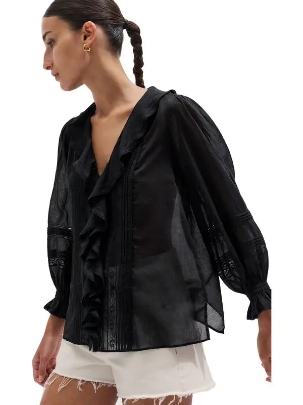 ME+EM Cotton Voile Ruffle Blouse - Black