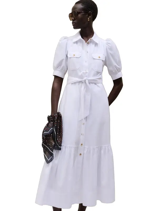 ME+EM Seersucker Midi Shirt Dress With Belt - Soft White