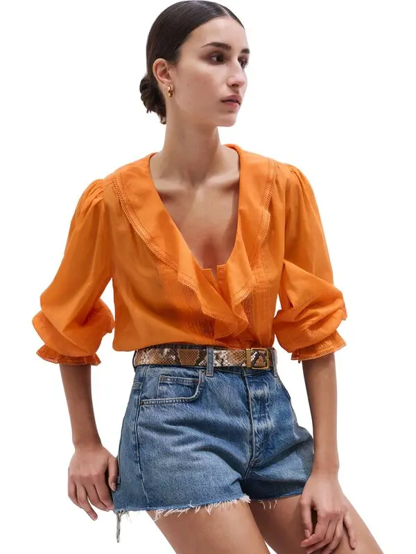 ME+EM Cotton Voile Ruffle Blouse - Orange