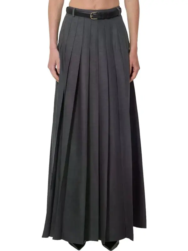SELF-PORTRAIT Belted Pleated Maxi Skirt - Grey