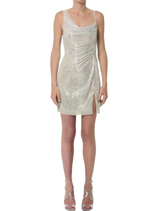 SELF-PORTRAIT Rhinestone Embellished Draped Mini Dress - Silver