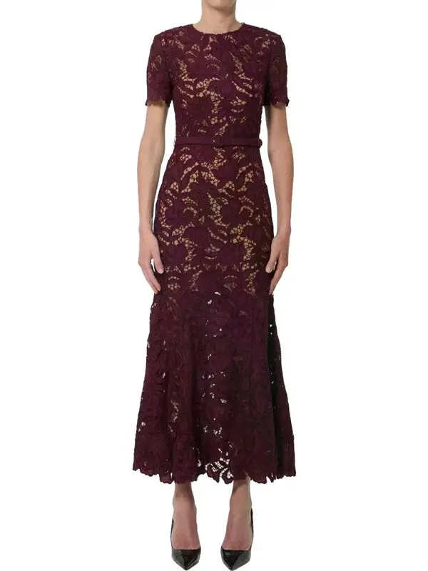 SELF-PORTRAIT Bordeaux Lace Textured Midi Dress - Red