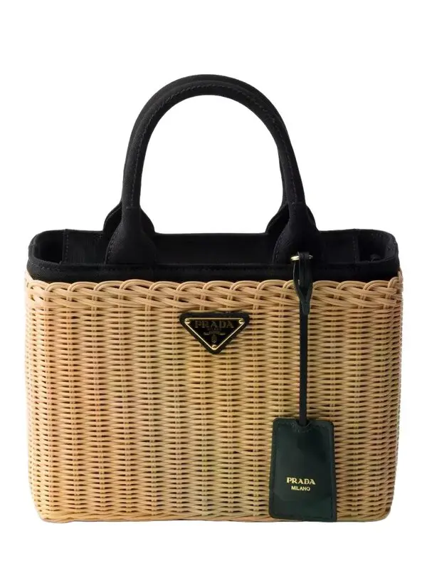 Prada Medium Wicker And Canvas Tote Bag - Neutrals