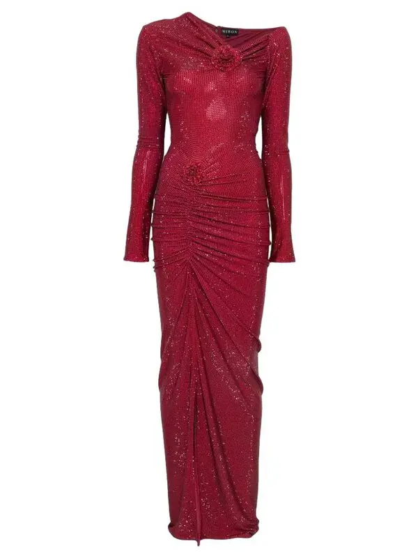 MIRON Crystal Embellished Flower Appliqué Maxi Dress - Red