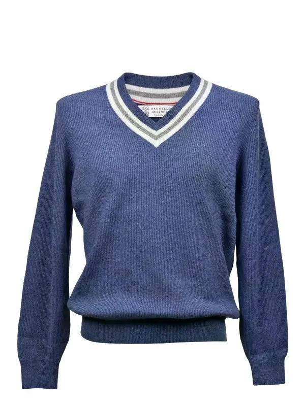 Brunello Cucinelli Ribbed V-neck Sweater With Striped Trim - Blue
