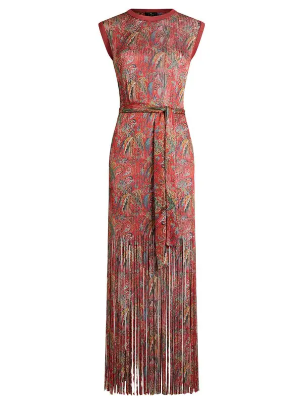 Etro Sleeveless Paisley Knit Maxi Dress With Fringe - Print